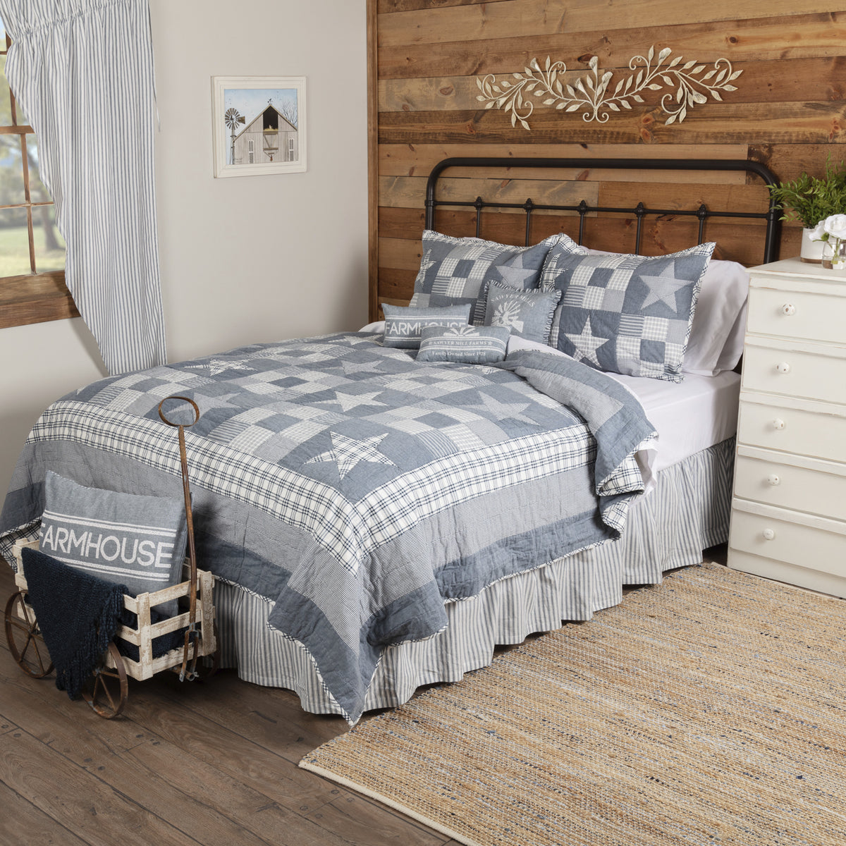 VHC Brands Denim Blue Ninepatch Star King Quilt Set 105" x 95" w/ 2 Sh ...